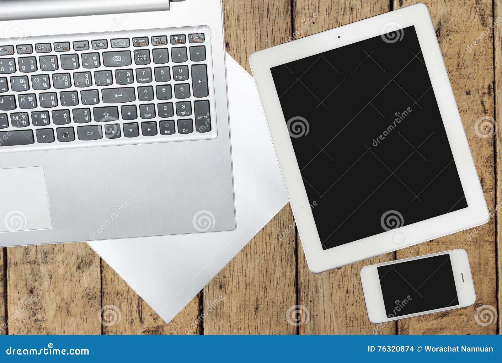 Tablet, Computer, Smartphone and Paper on Wood Table Stock Photo ...