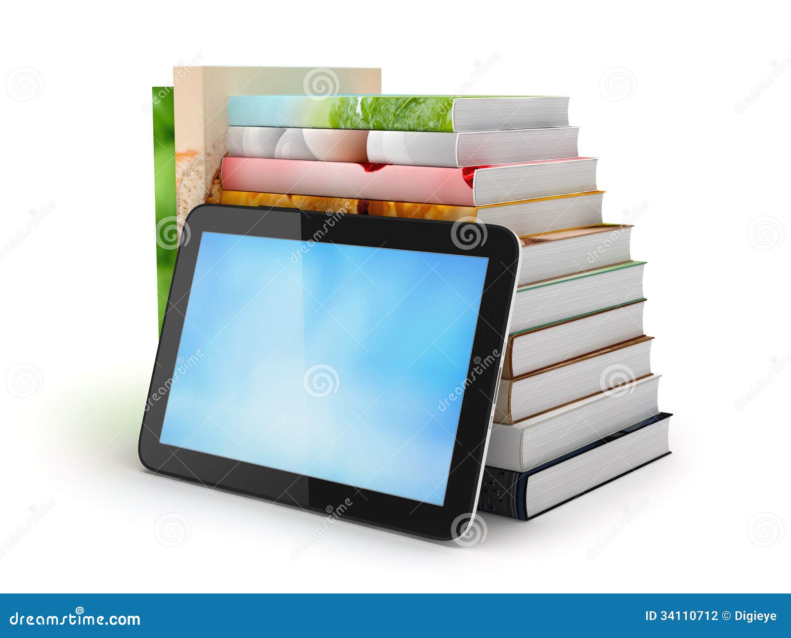 Tablet Computer and Stack of Books Stock Illustration - Illustration of ...