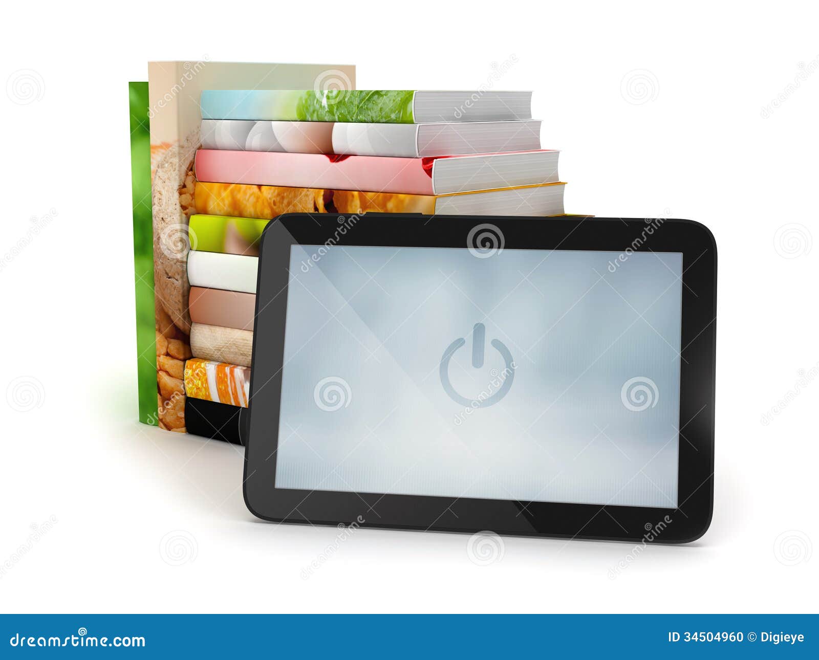 Tablet Computer and Stack of Books Stock Illustration - Illustration of ...