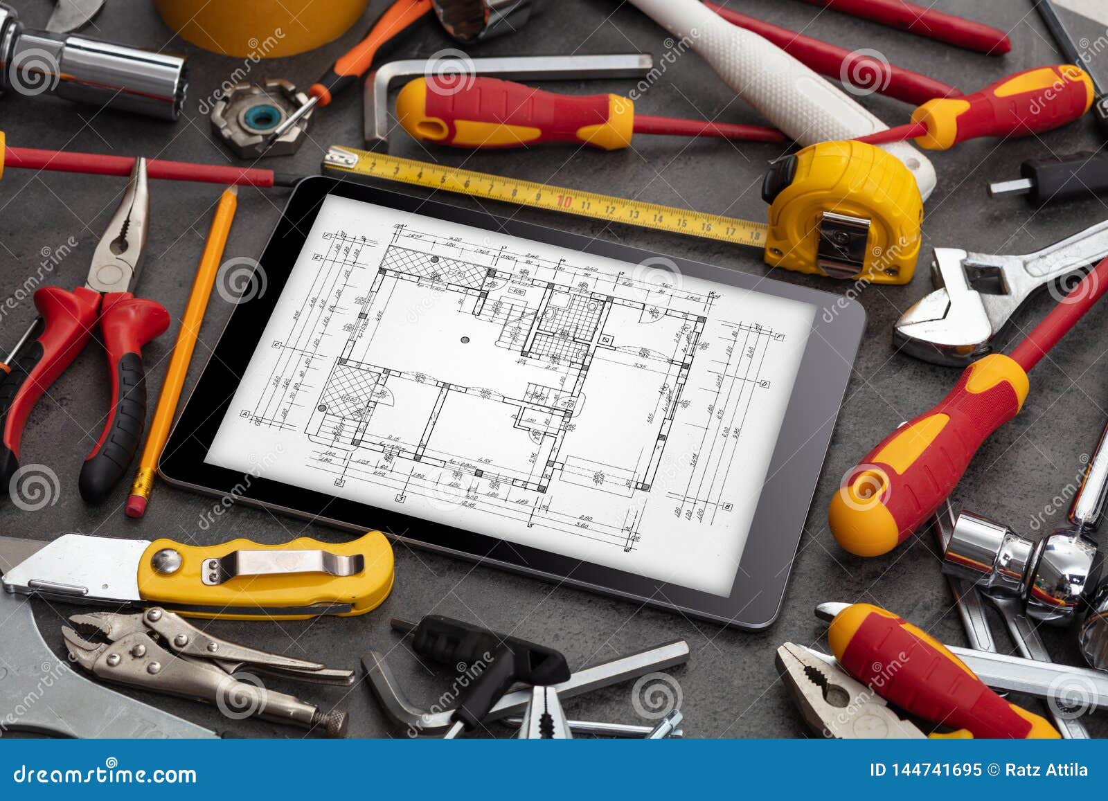 Tablet and Tools with Blueprint Concept Stock Image - Image of build ...