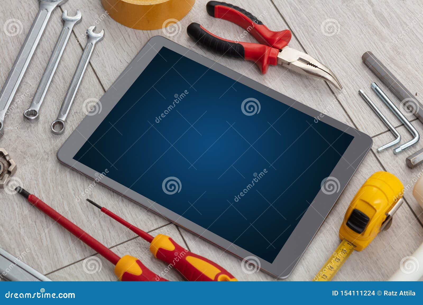 Tablet and Tools with Blueprint Concept Stock Photo - Image of hammer ...