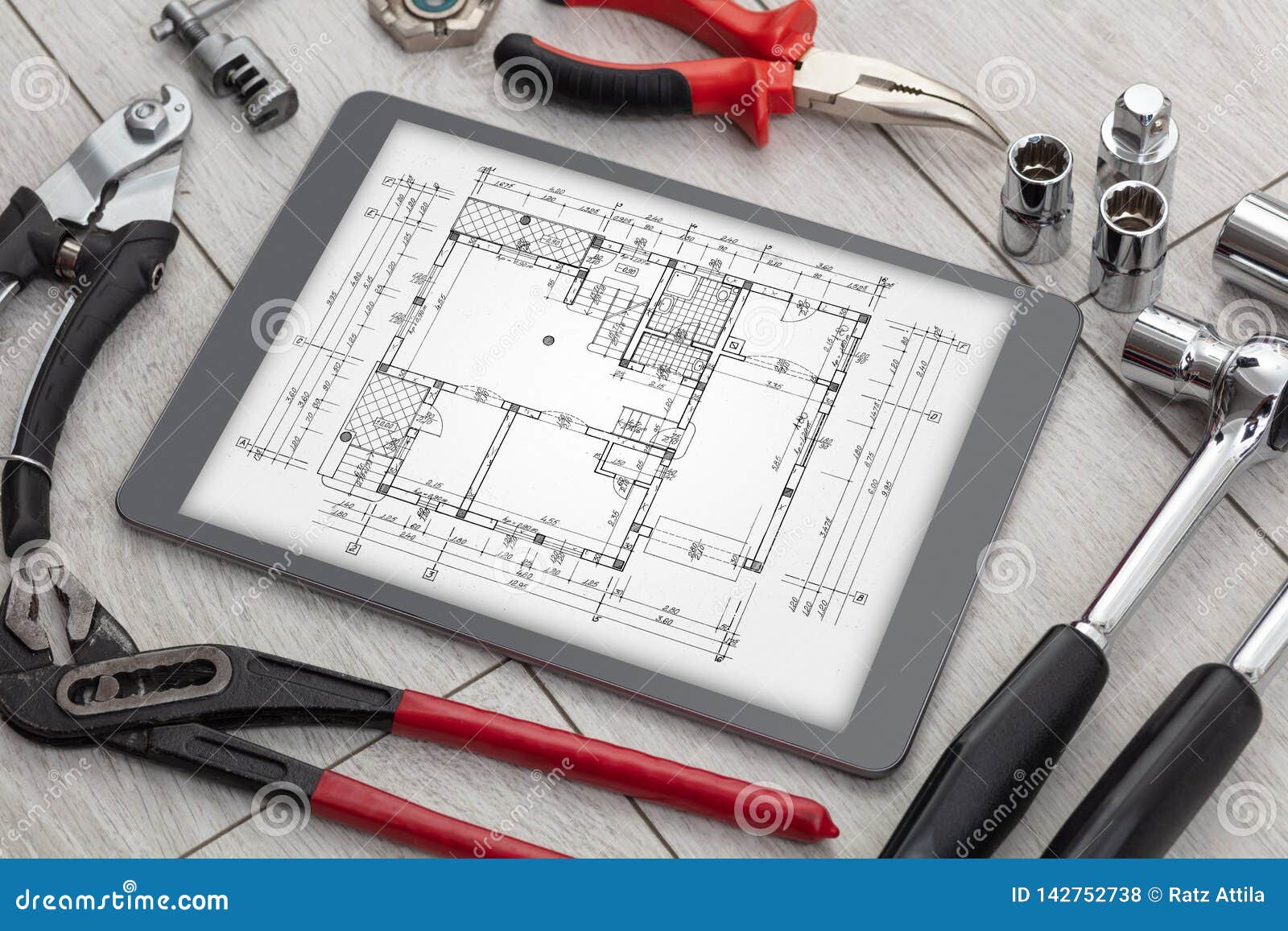 Tablet and Tools with Blueprint Concept Stock Photo - Image of ...