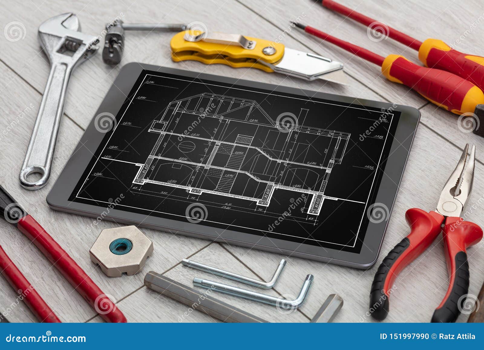 Tablet and Tools with Blueprint Concept Stock Photo - Image of hammer ...