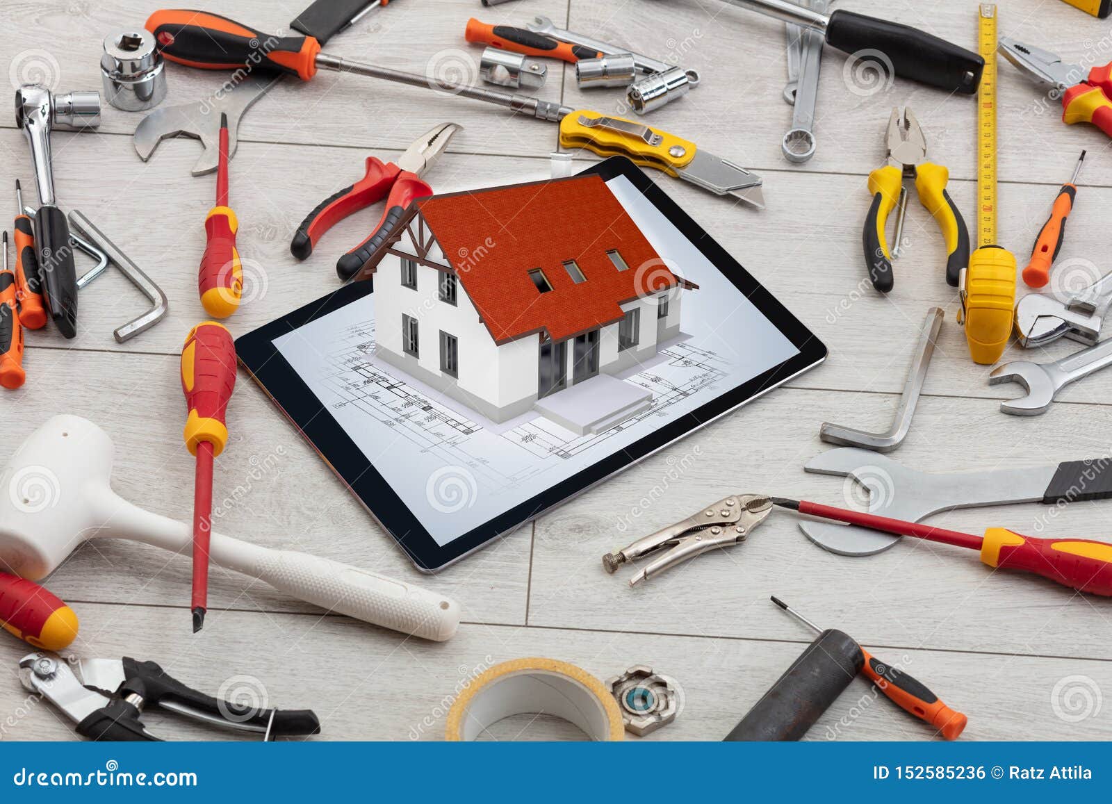 Tablet and Tools with 3d Home Plan Concept Stock Photo - Image of blue ...