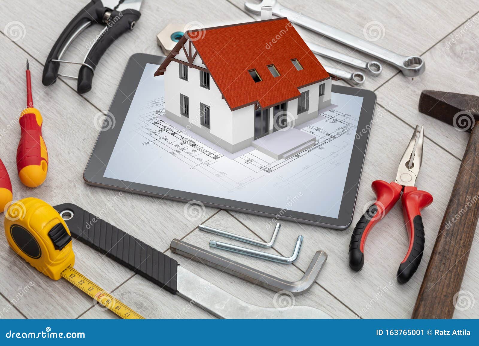Tablet and Tools with 3d Home Plan Concept Stock Image - Image of plan ...