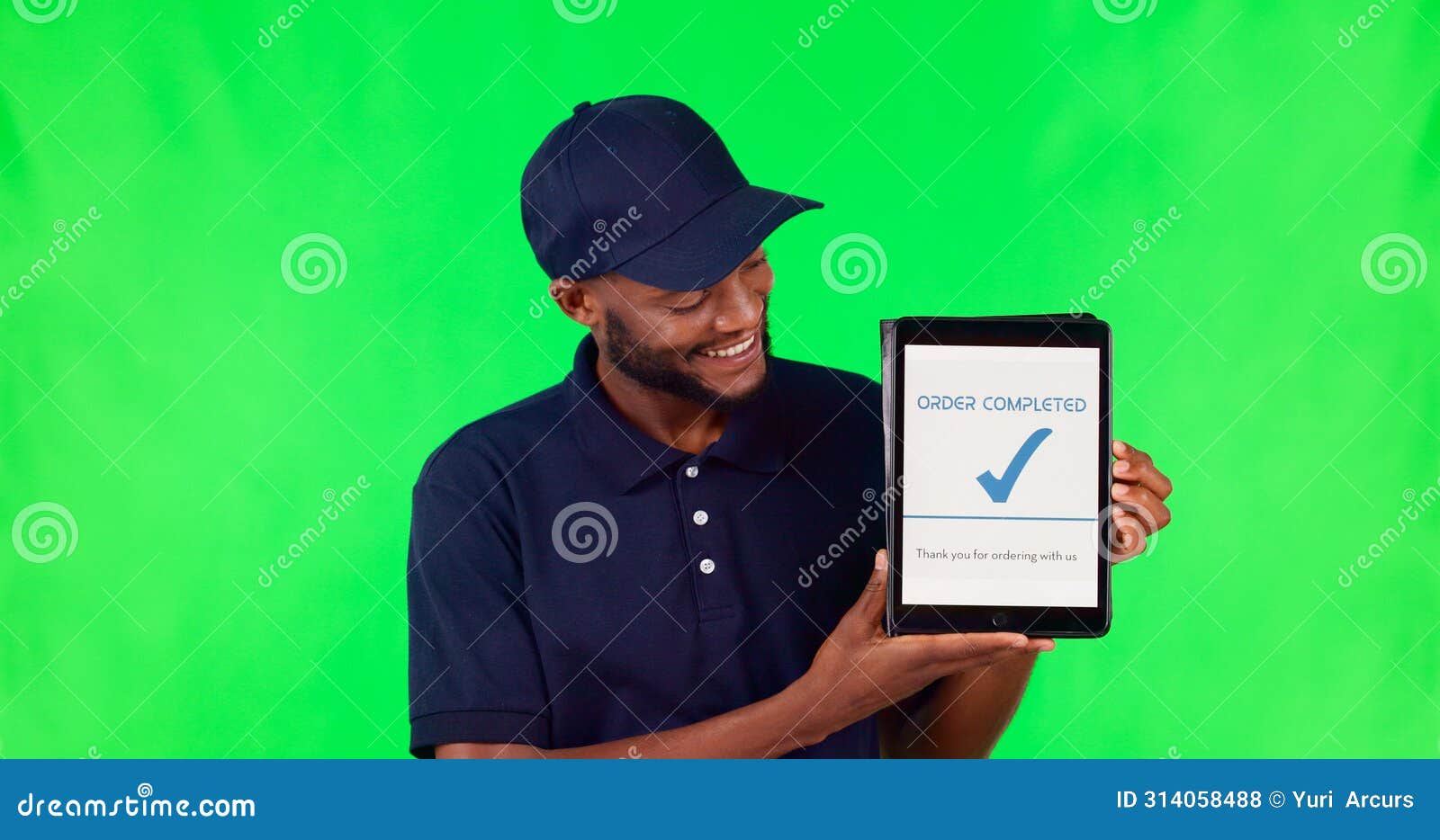 Tablet, Delivery and Complete with a Black Man on a Green Screen ...