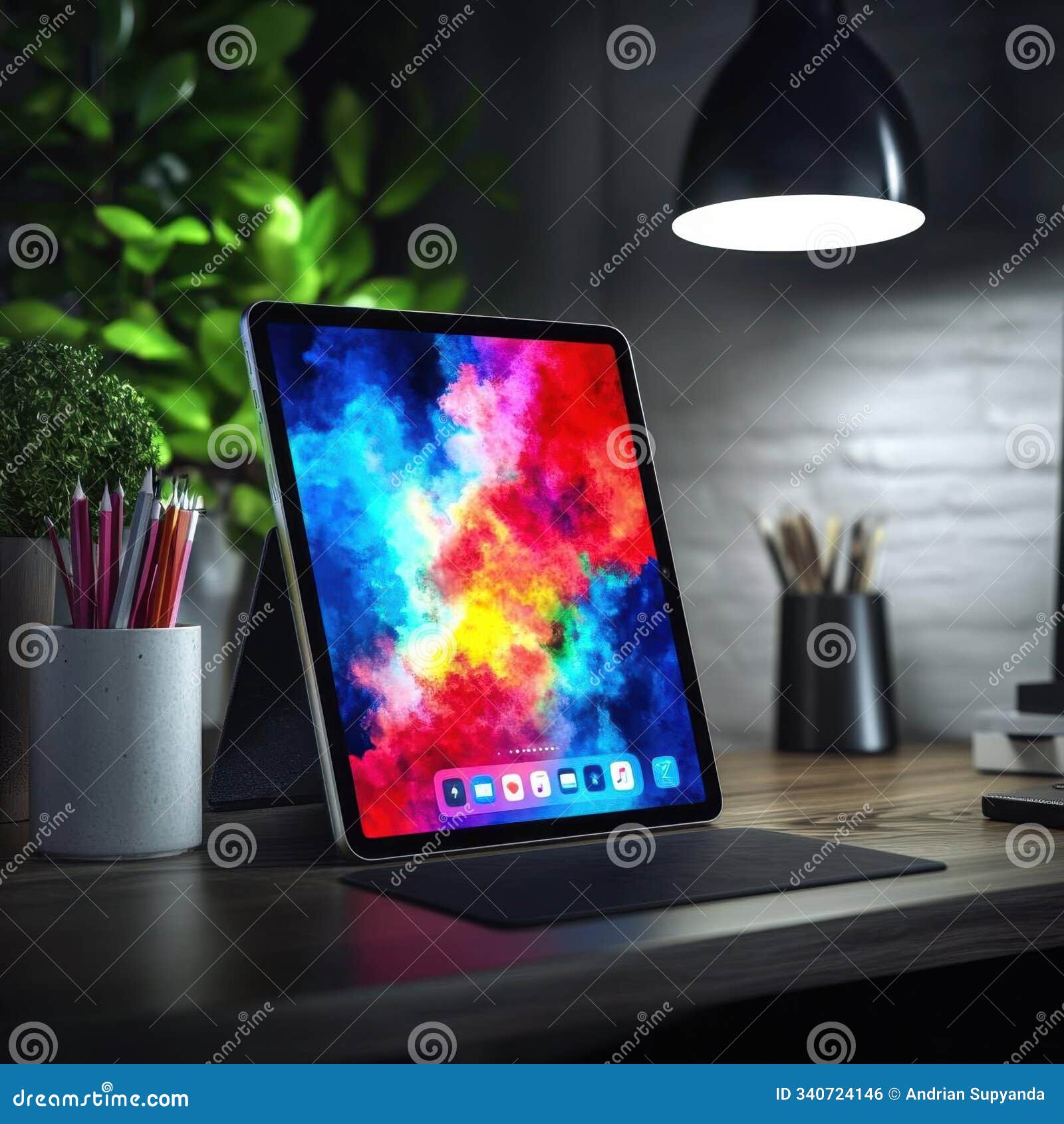 Tablet on a Desk with Colorful Wallpaper and a Desk Lamp Stock ...