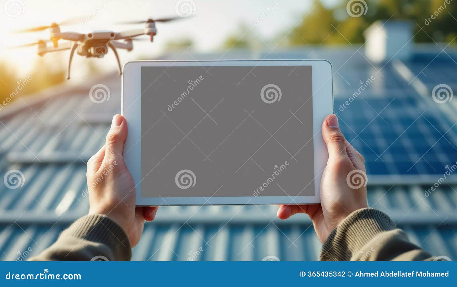 Aerial Inspection Of Solar Panels With A Tablet And Flying Camera Drone ...