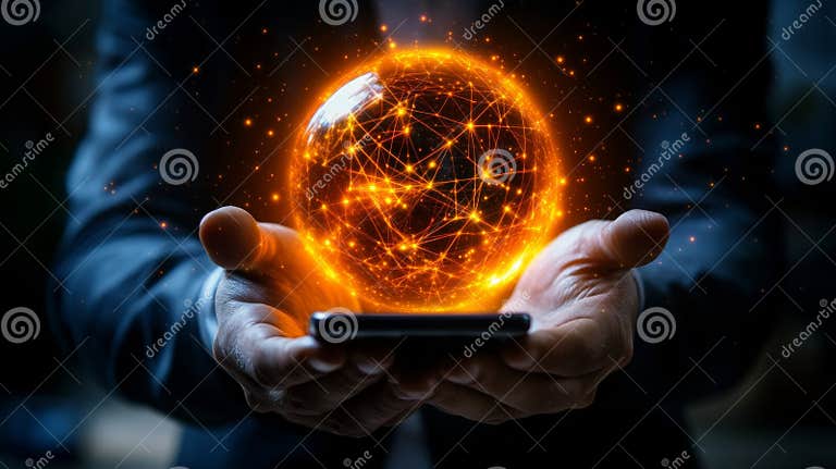 A Tablet Displaying a Glowing Orb, Illuminated by Hands, Set Against a Dark Backdrop. Stock ...