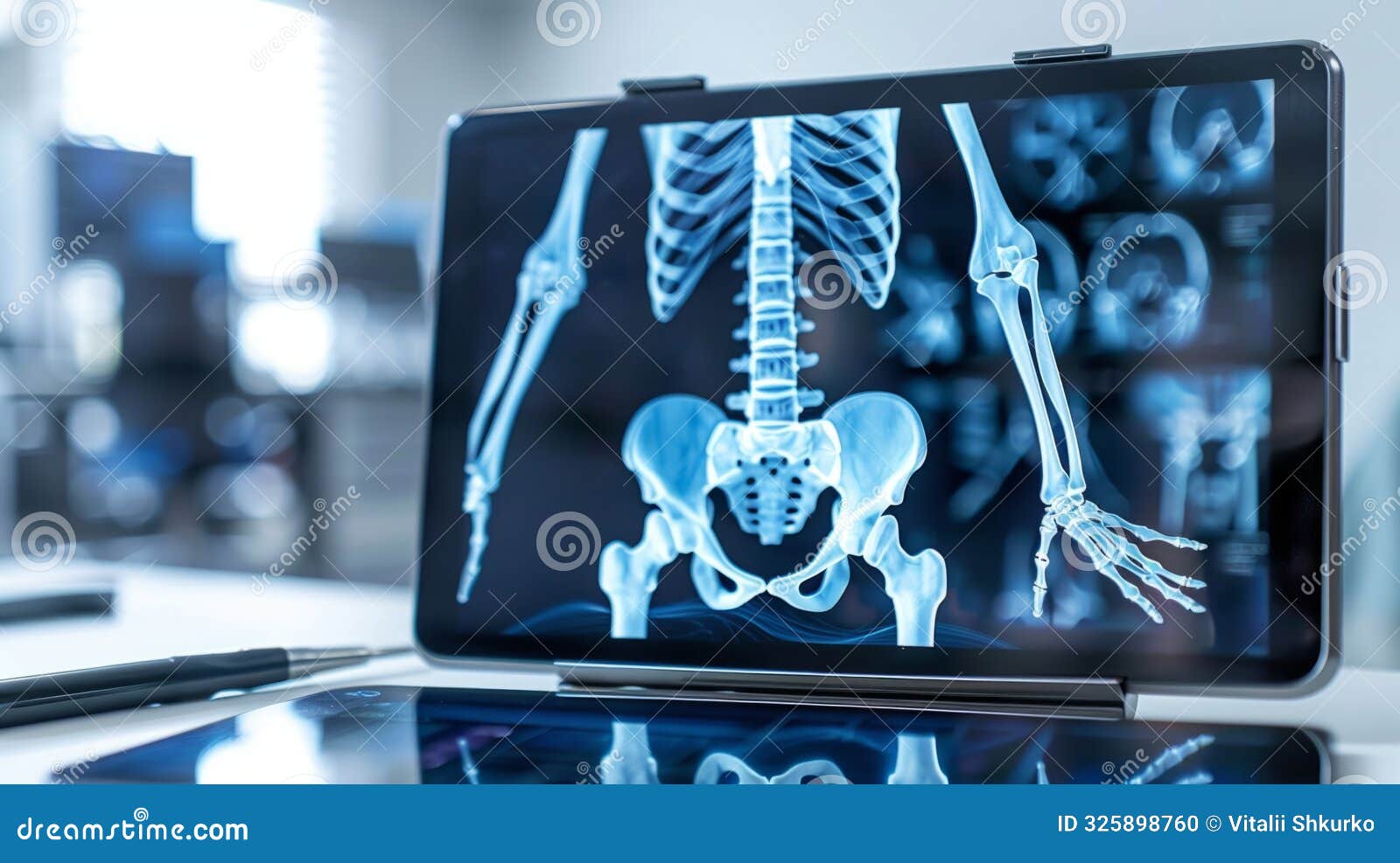 Tablet Displaying an X-ray Image of a Human Skeleton, Highlighting ...