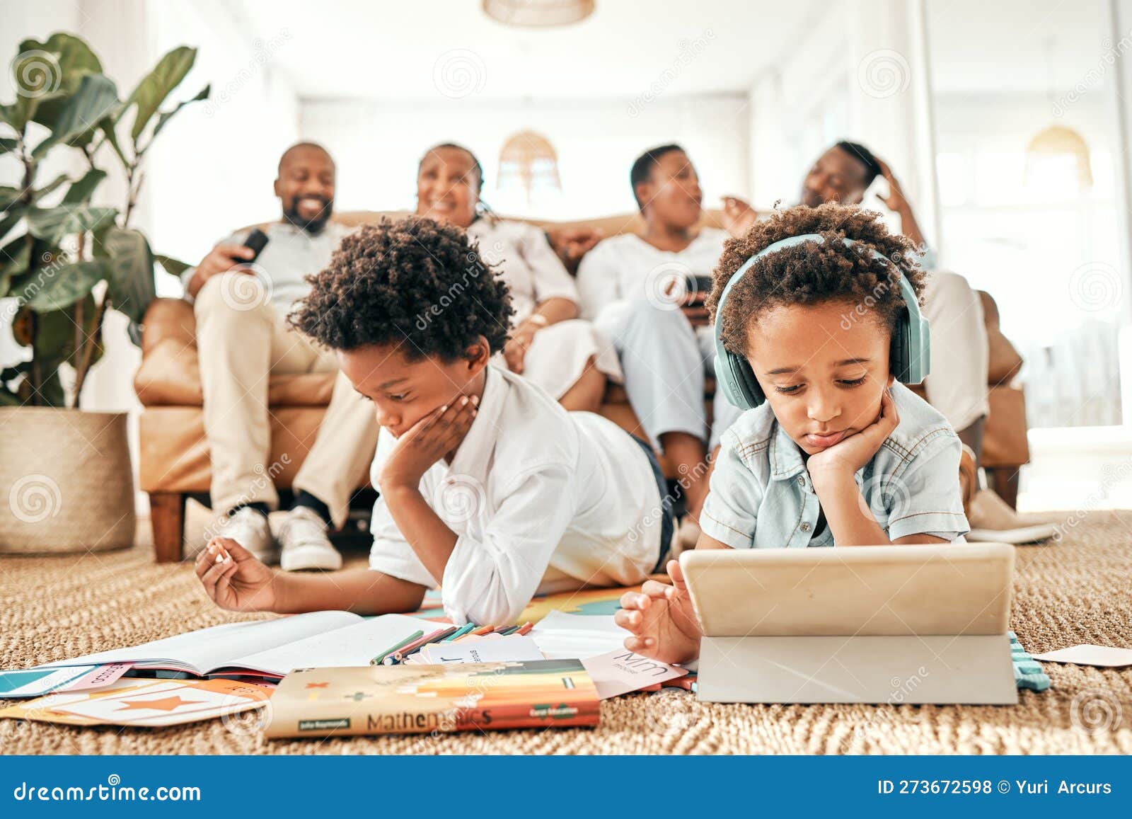 Tablet, Elearning and Streaming with Children on Floor of Living Room ...