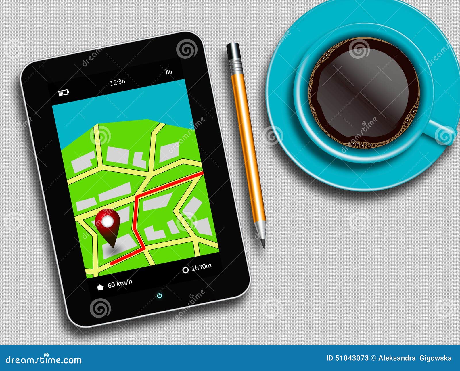 Tablet with Gps Navigation Application, Coffee and Pencil Lying Stock ...