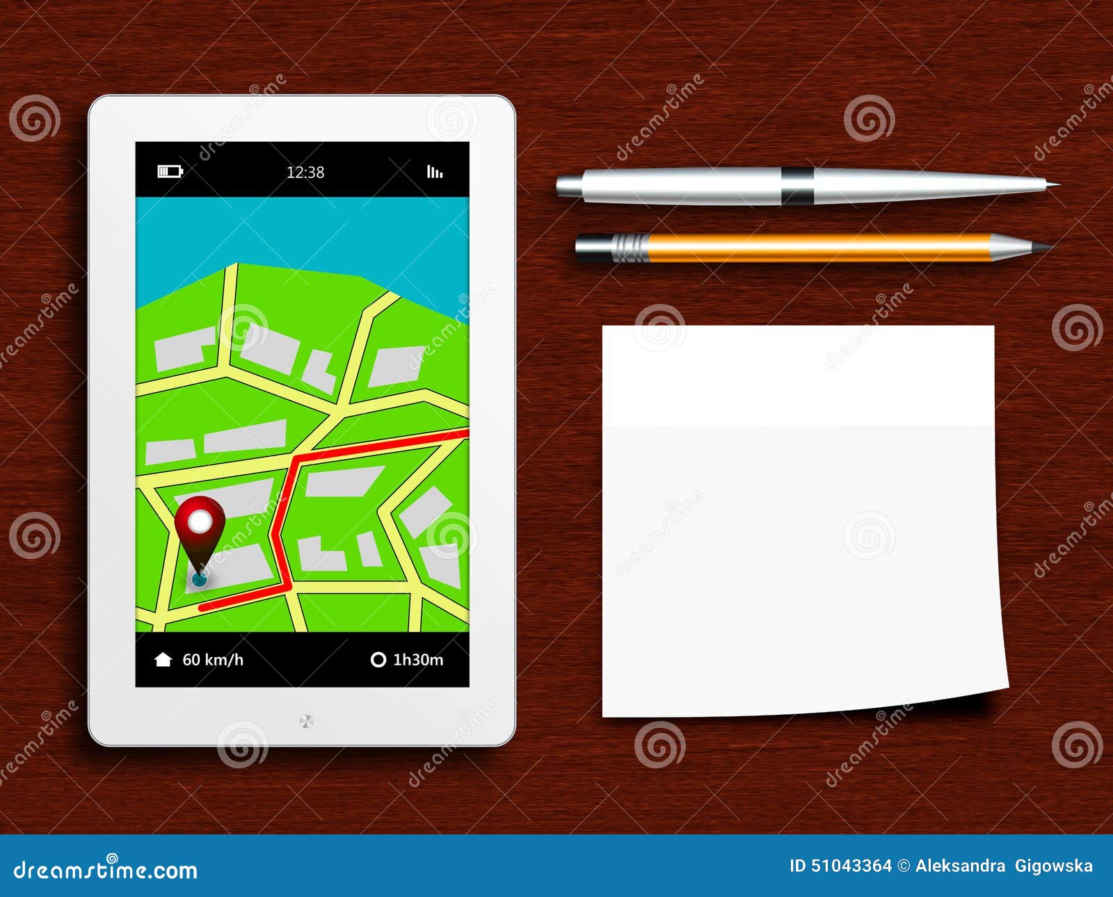Tablet with Gps Navigation Application, Pen, Pencil and Sticky N Stock ...