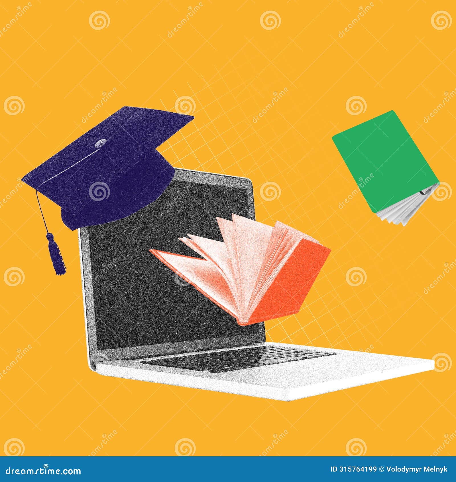 Tablet with Graduation Cap and Books Falling Down. Contemporary Art ...