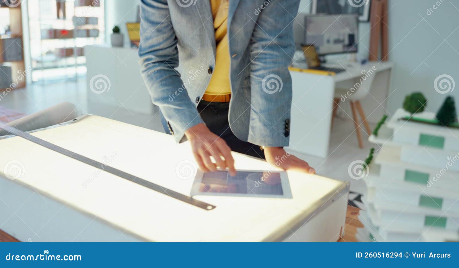 Tablet, Hands and Architect with a Man Engineer Working on Design in ...