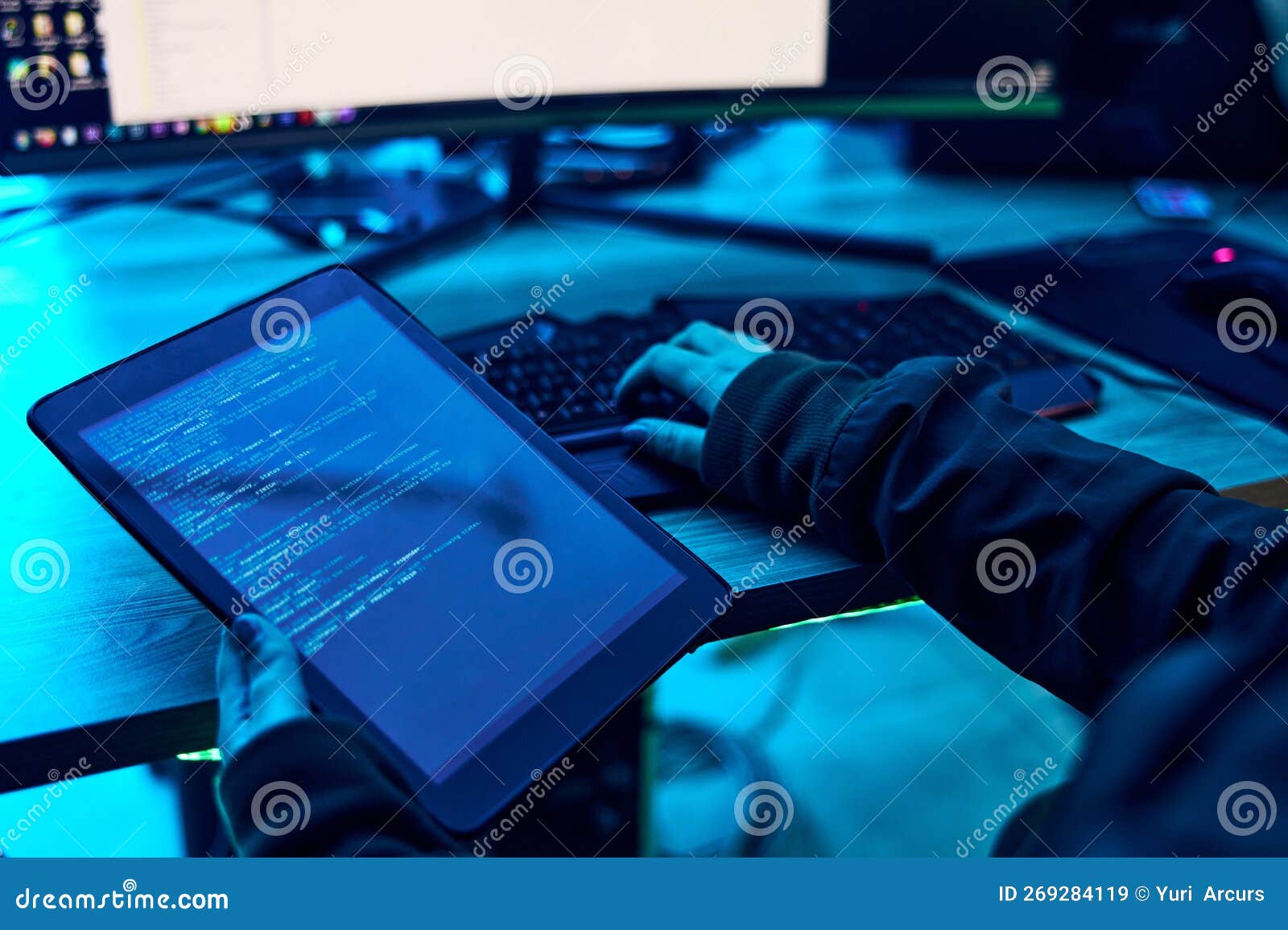 Tablet, Html Screen and Programmer Hands with Coding Software System ...