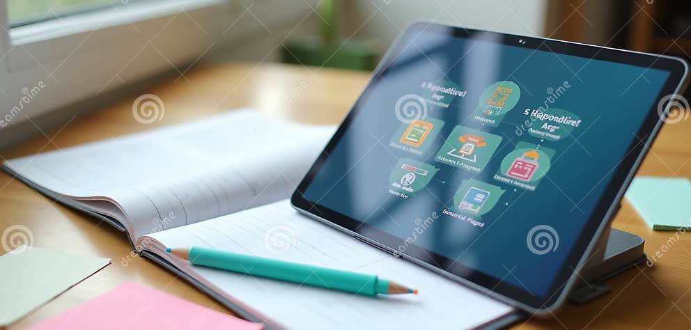 Tablet with Learning App and Open Notebook on Desk Stock Illustration ...