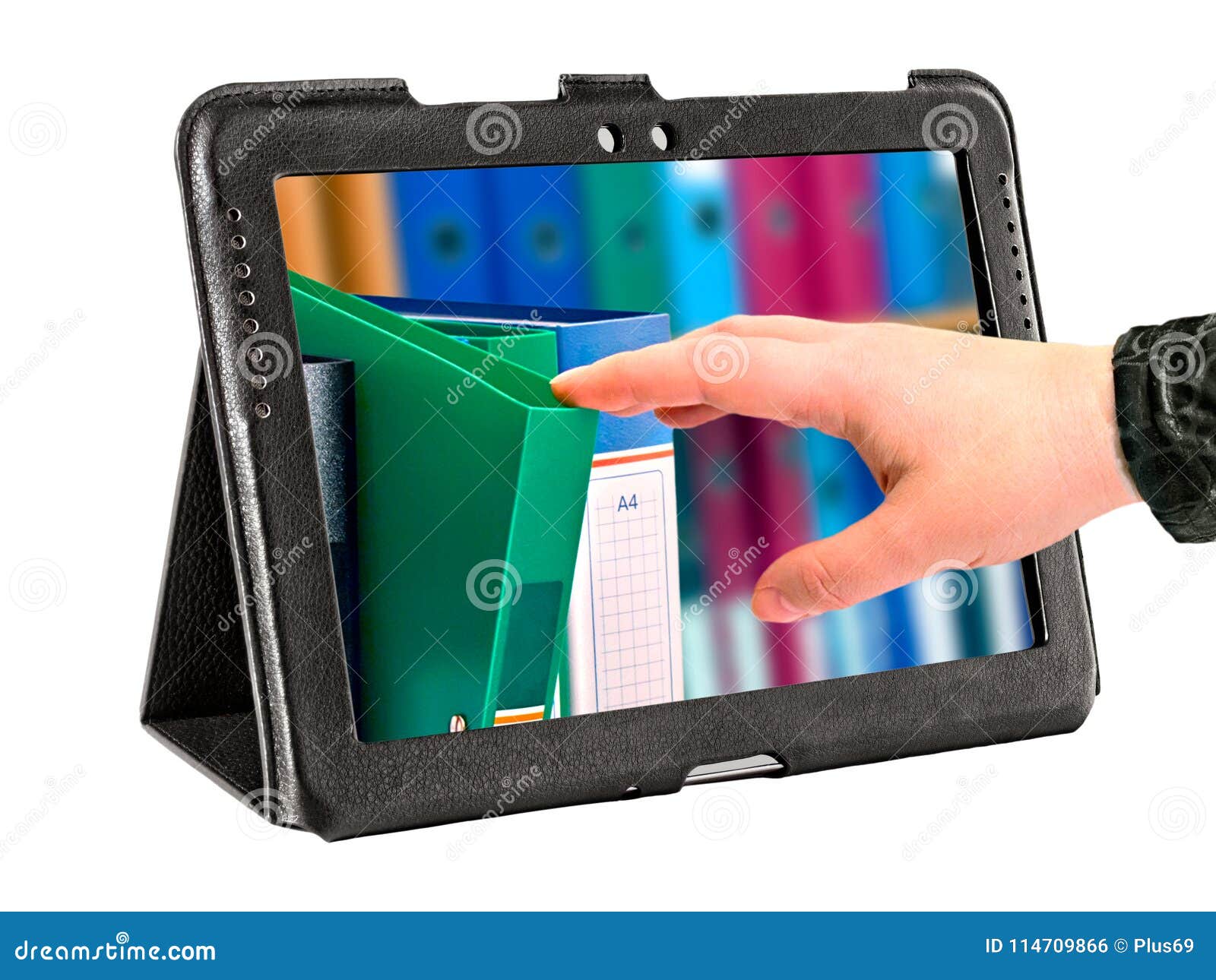 Tablet in a Leather Case with Folders on the Screen Stock Photo - Image ...