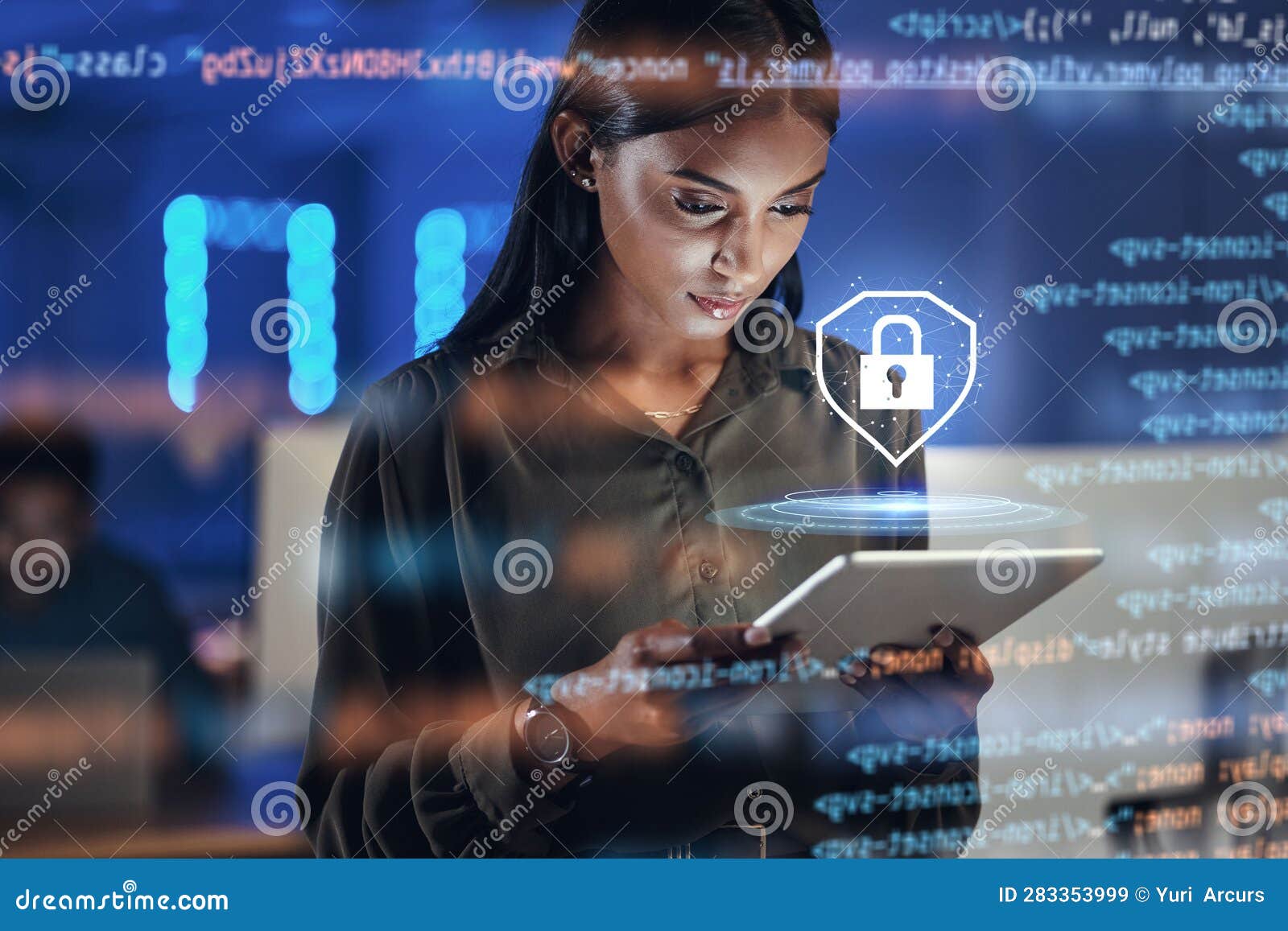 Tablet, Lock Security and Woman in Hologram for Data Safety, Software ...