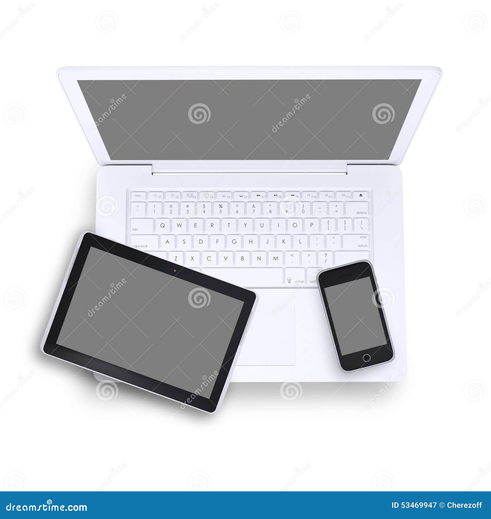 Tablet and Mobile Phone on Laptop, Top View Stock Illustration ...