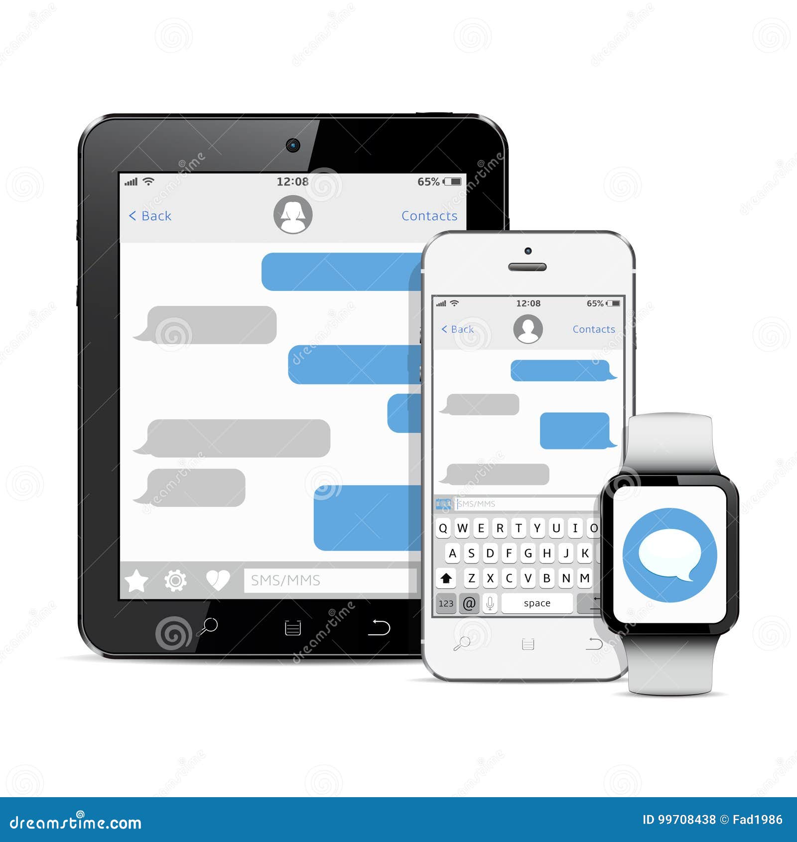 Chating and Messaging Concept. Tablet, Mobile Phone and Smart Watch ...