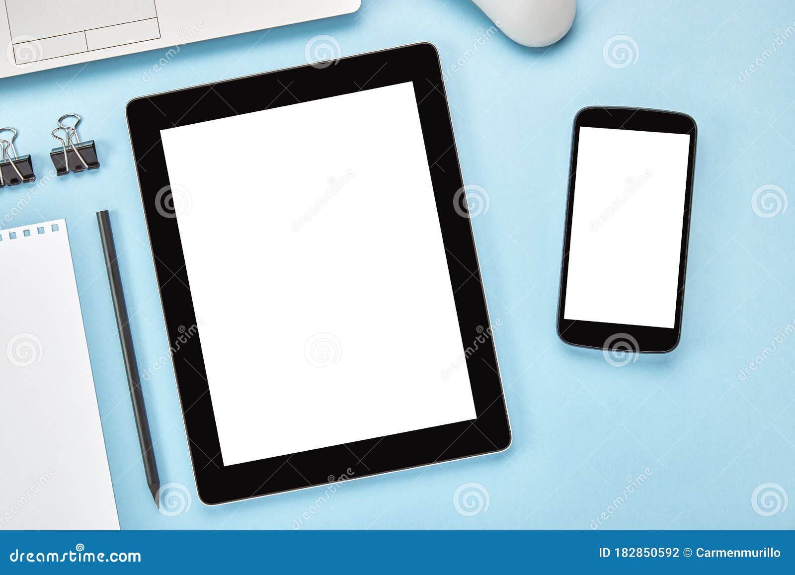 Tablet and Mobile Vertical Screen Mockup on Blue Background Stock Photo ...