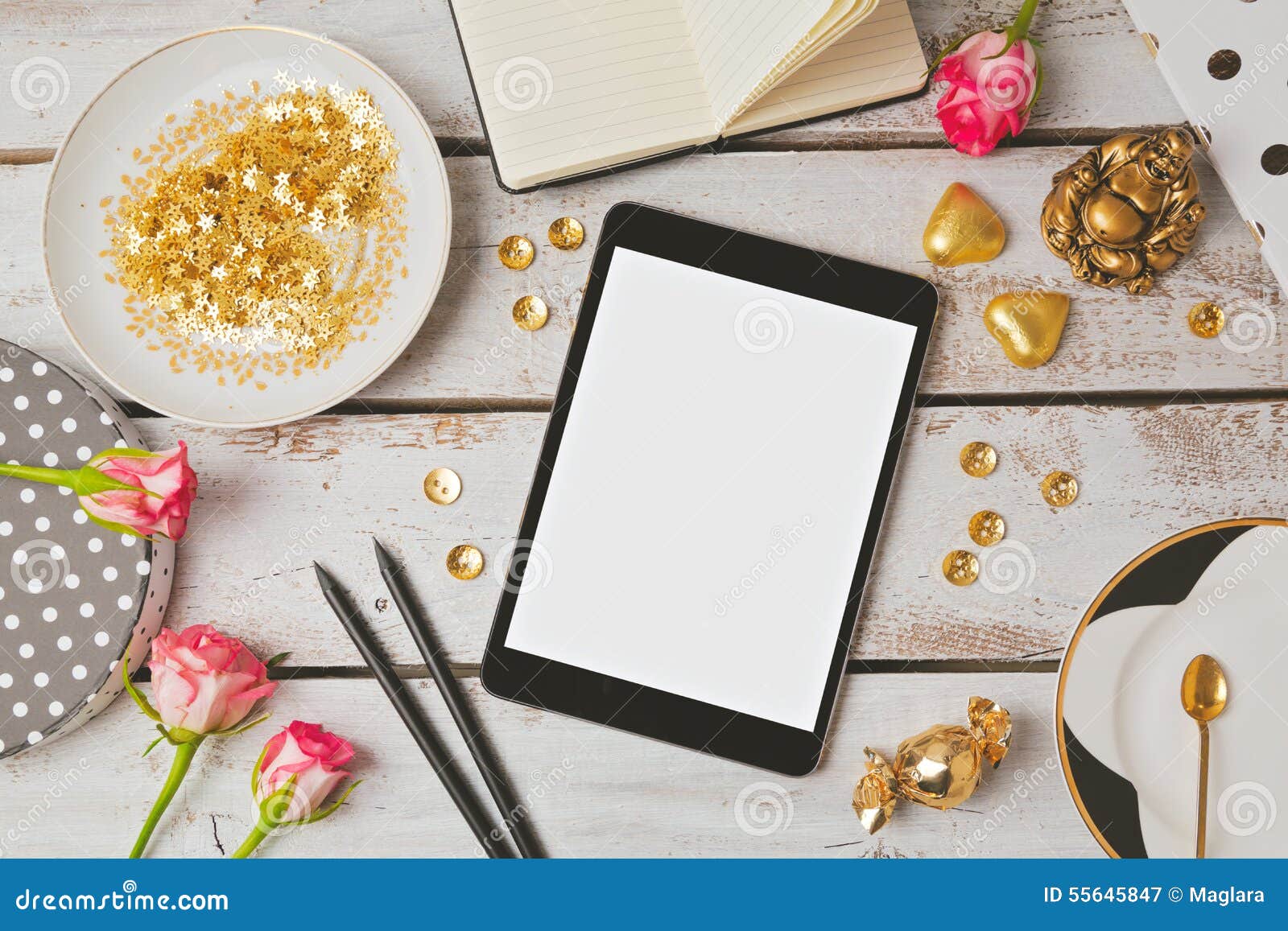 Tablet Mock Up with Feminine Objects. View from Above Stock Image ...