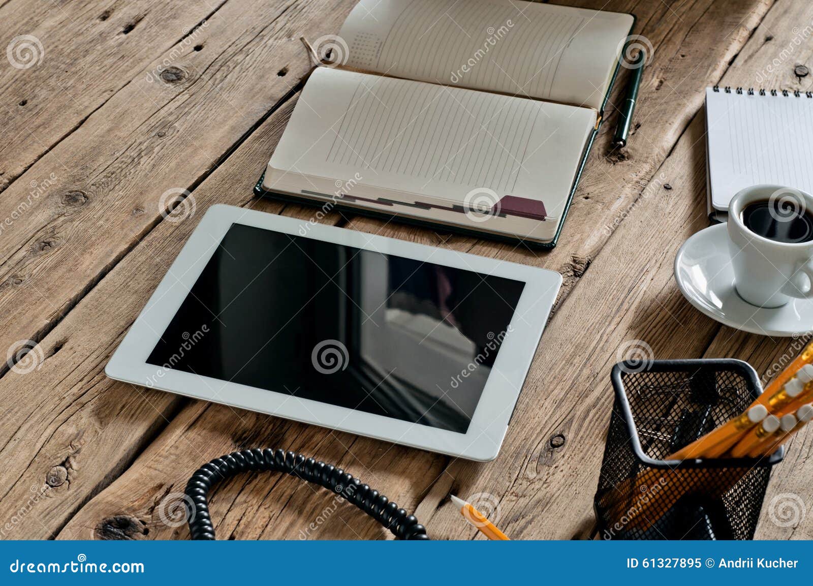 Tablet with a Notebook and a Cup of Black Coffee Stock Image - Image of ...