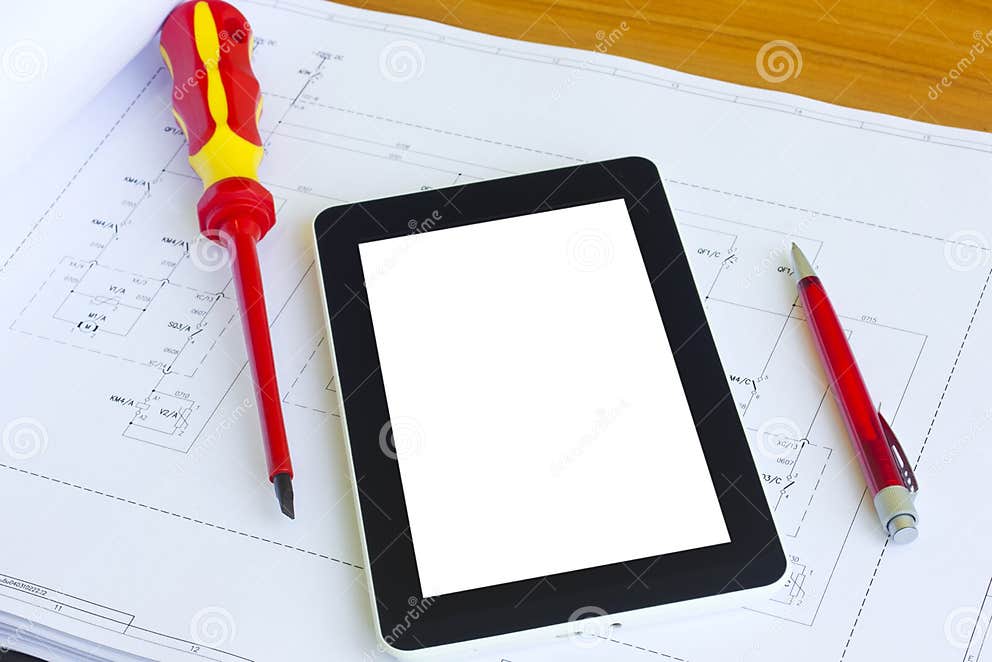 Tablet Over Engineering Diagram Stock Image - Image of book ...