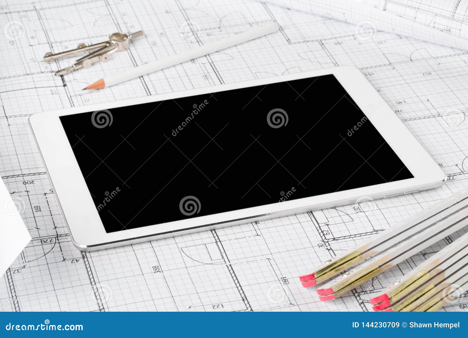 Tablet Pc Architectural Blueprint House Building Plan Stock Image ...