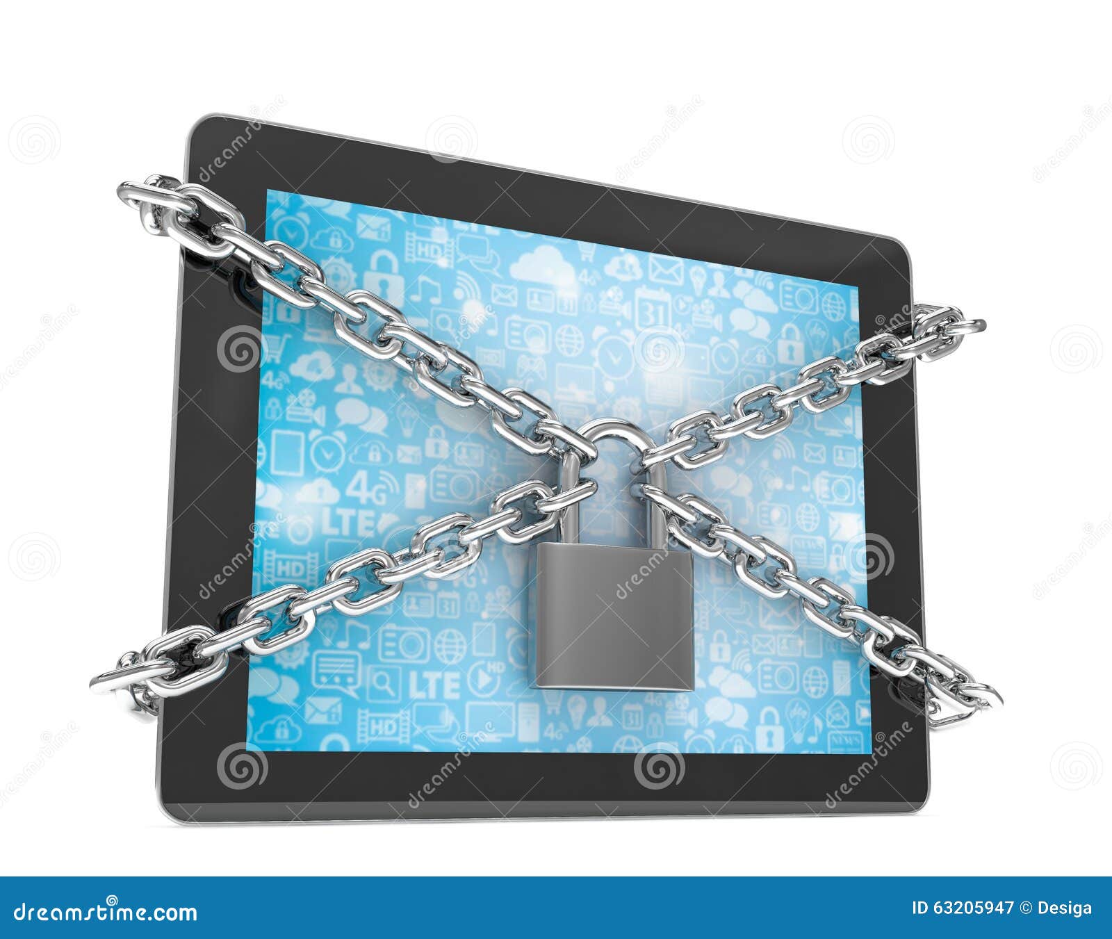 Tablet PC with Chains and Lock Isolated on White Stock Image - Image of ...