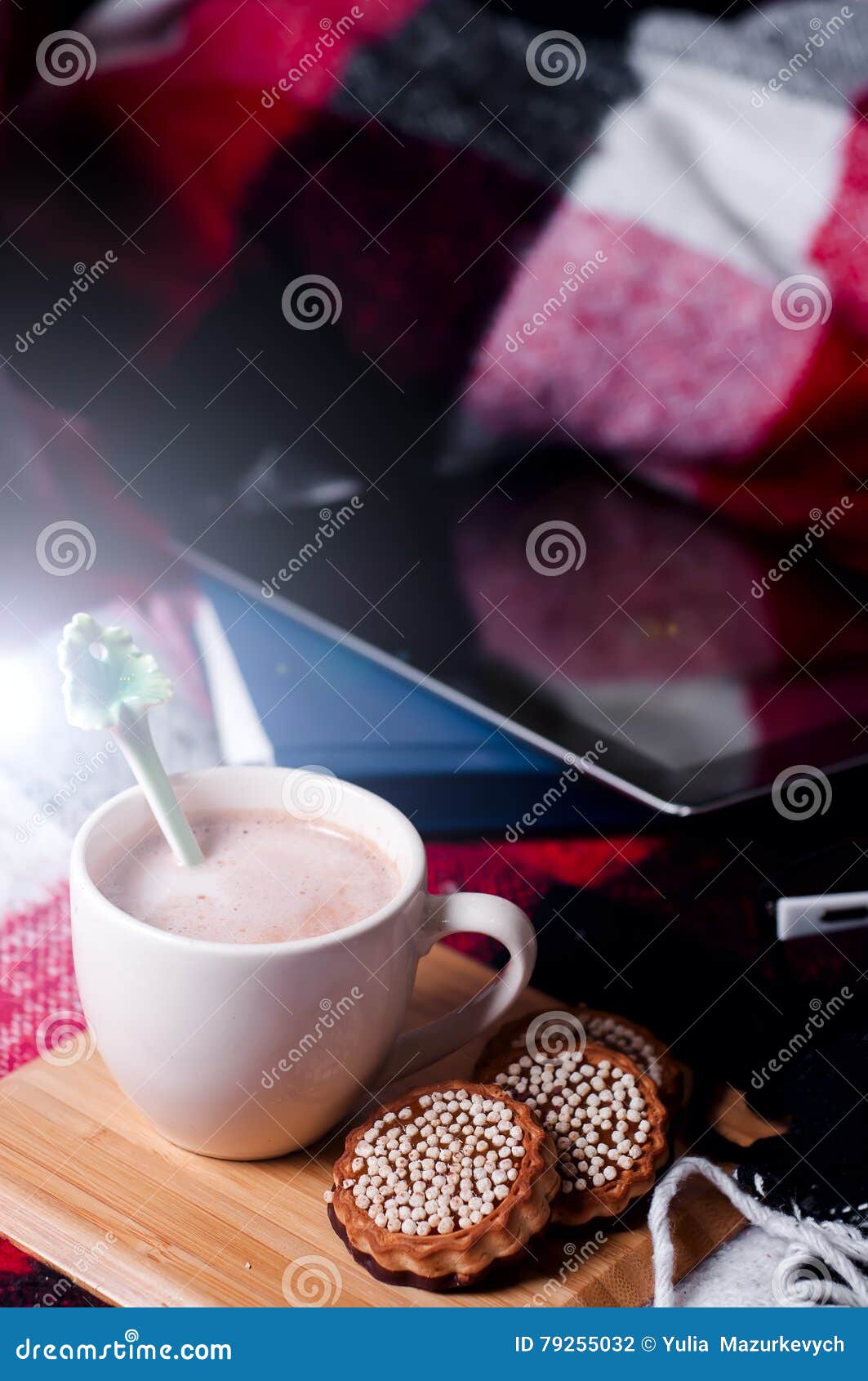 Tablet PC and Cup of Hot Cocoa on a Bed Stock Photo - Image of media ...
