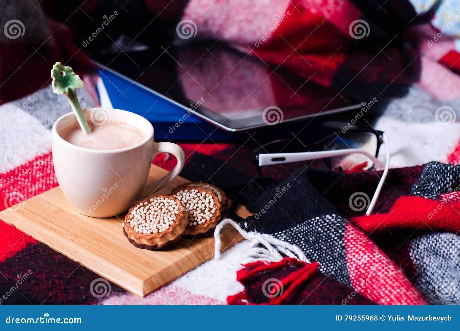 Tablet PC and Cup of Hot Cocoa on a Bed Stock Photo - Image of black ...