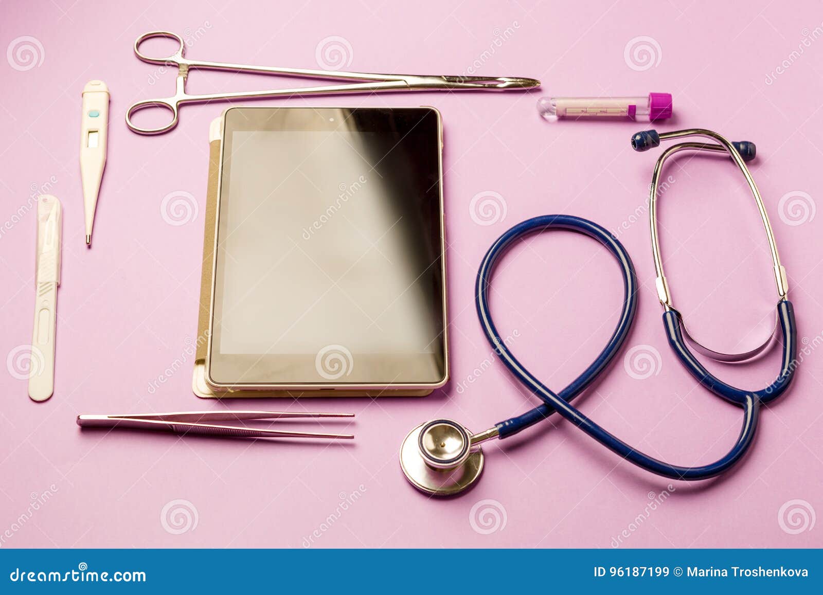Tablet Pc and Doctor Tools on Blue Surface Stock Image - Image of ...