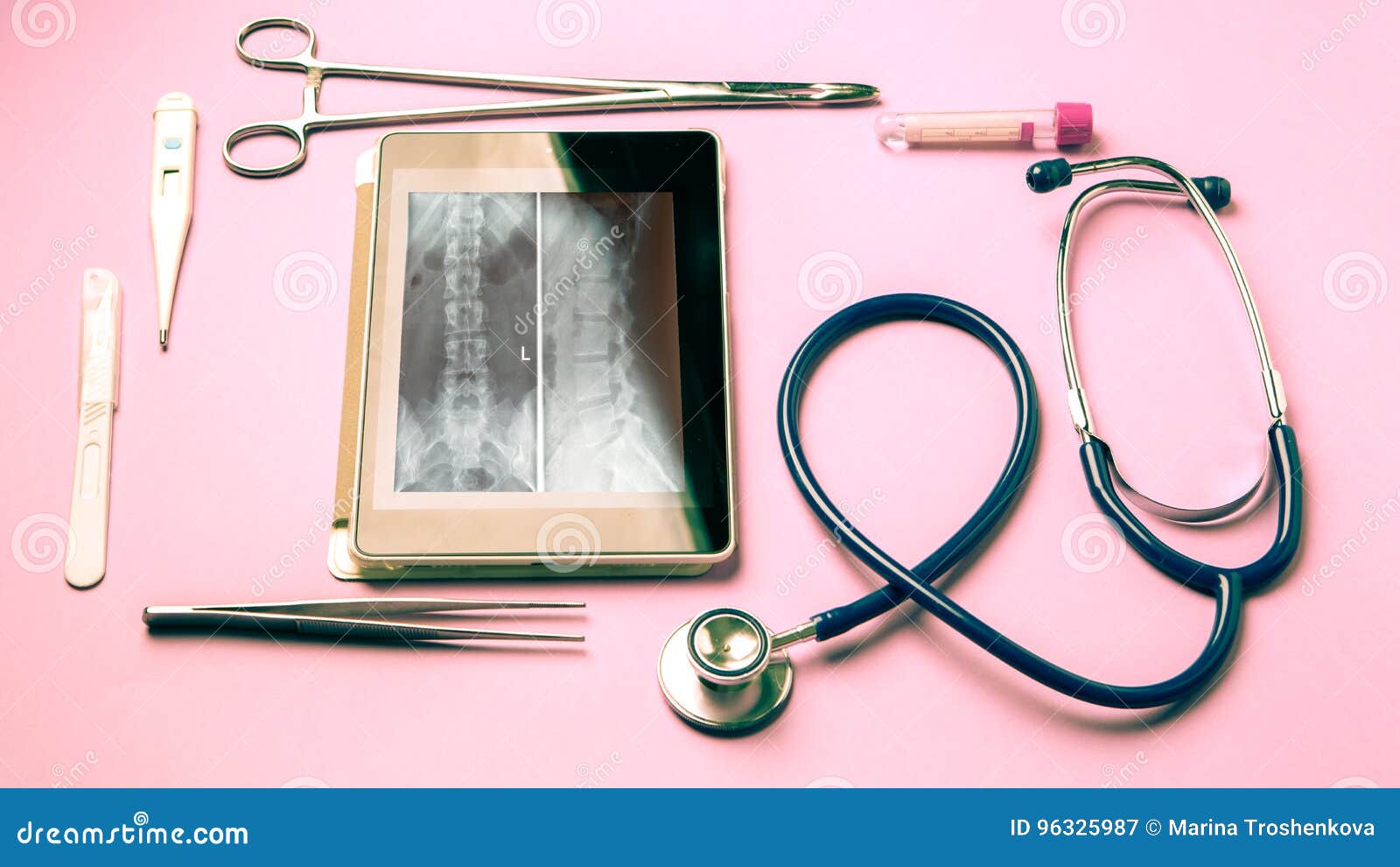 Tablet Pc and Doctor Tools on Blue Surface Stock Image - Image of ...
