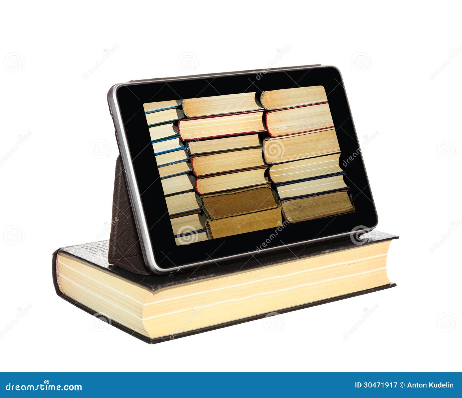 The Tablet-PC is in Hard Cover Book Featuring the Stack of Books on the ...