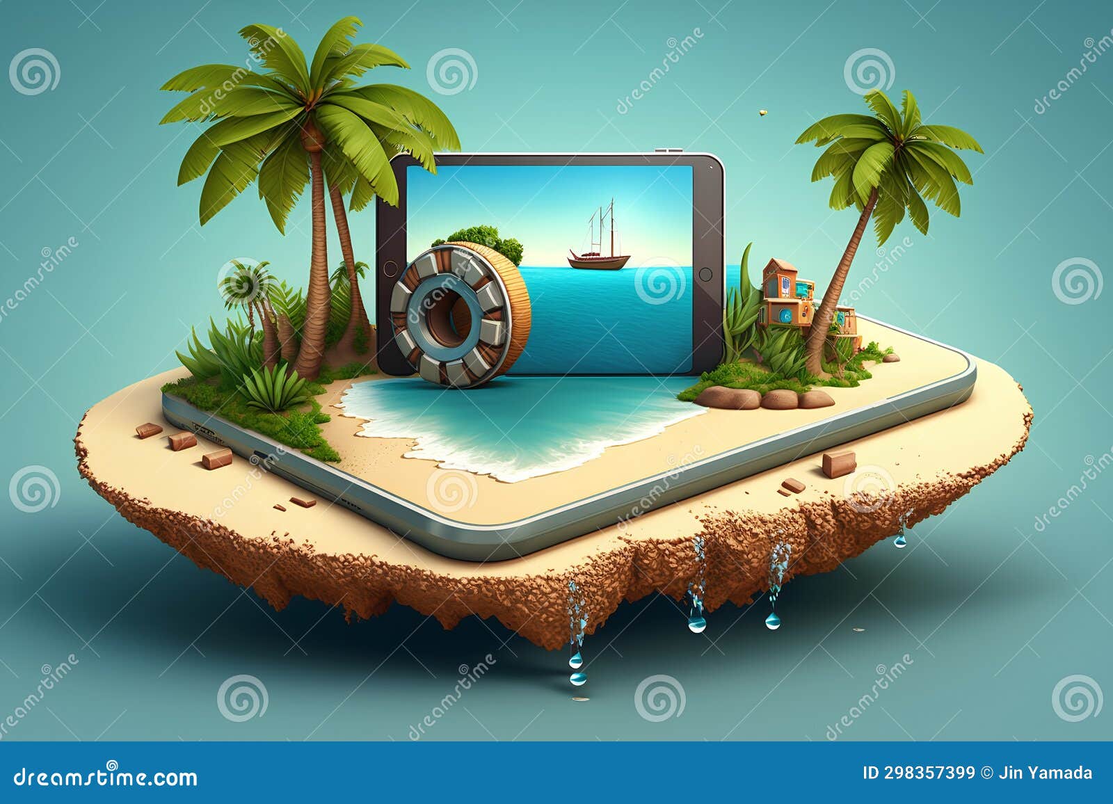 Tablet PC on the Island with Palm Trees. 3d Render Stock Illustration ...