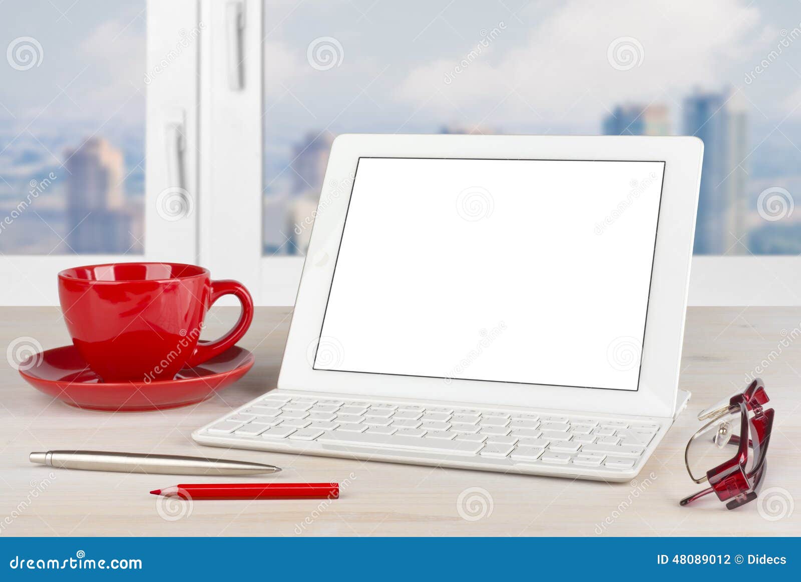 Tablet PC with Keyboard and Red Mug on Office Table Stock Photo - Image ...