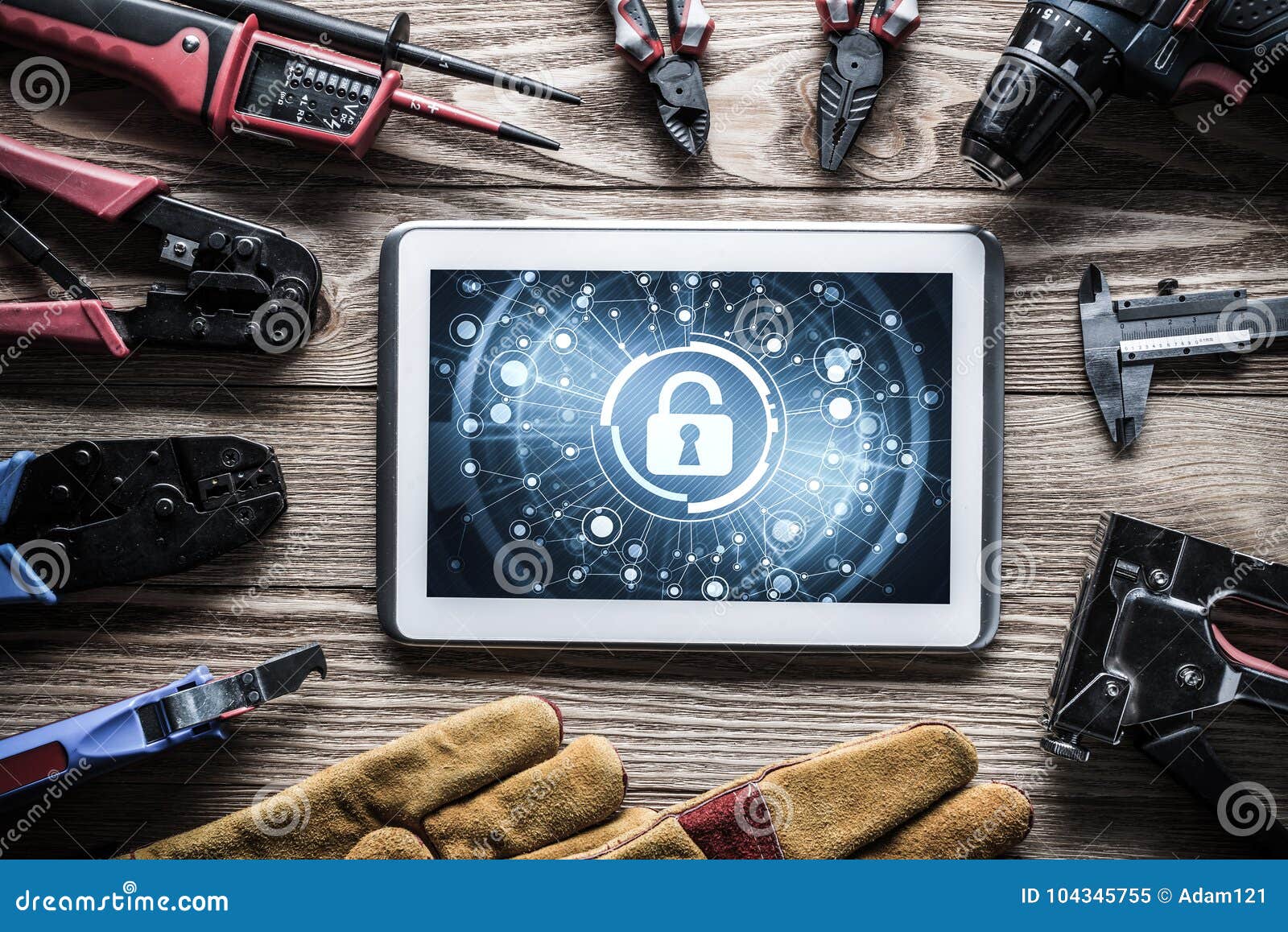 Web Security and Technology Concept with Tablet Pc on Wooden Tab Stock ...