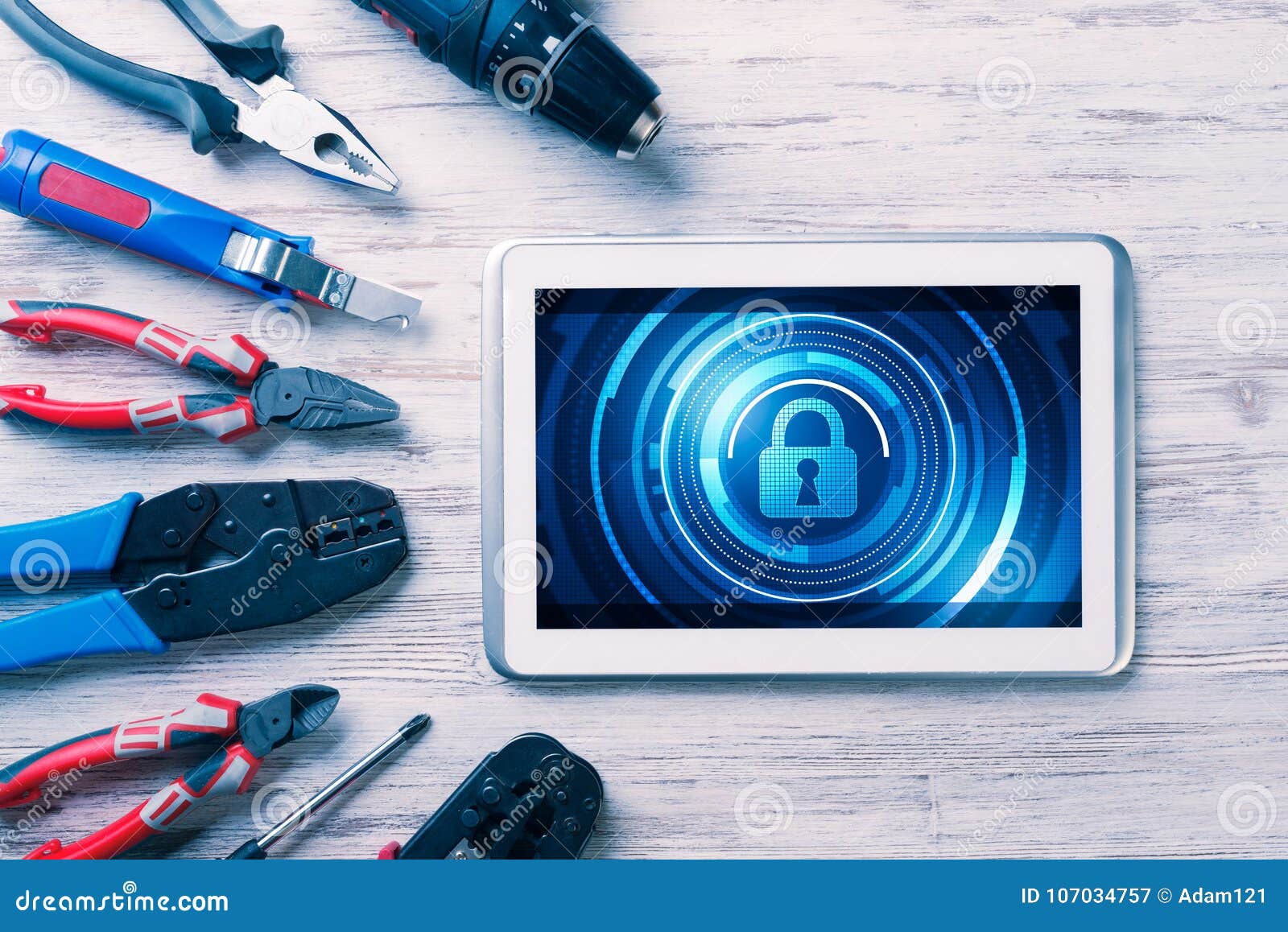 Web Security and Technology Concept with Tablet Pc on Wooden Tab Stock ...