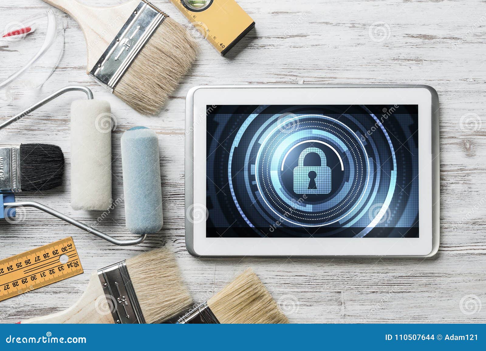 Web Security and Technology Concept with Tablet Pc on Wooden Tab Stock ...