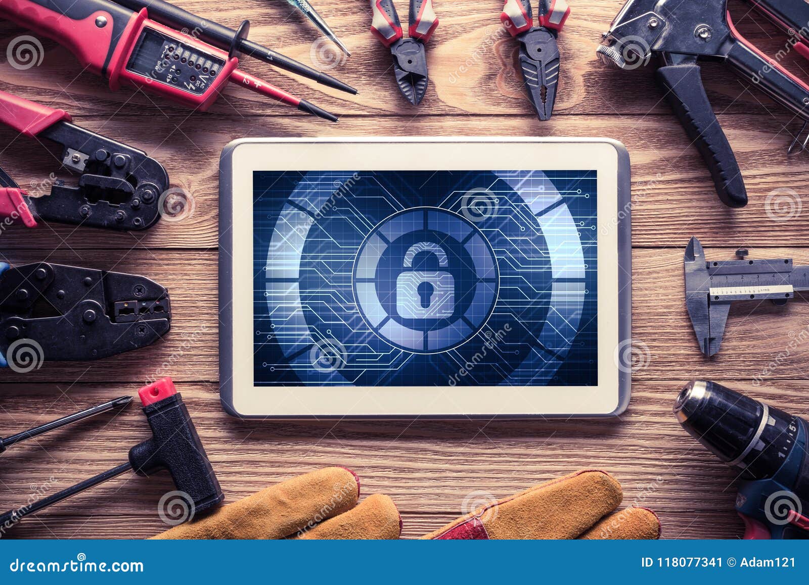 Web Security and Technology Concept with Tablet Pc on Wooden Tab Stock ...