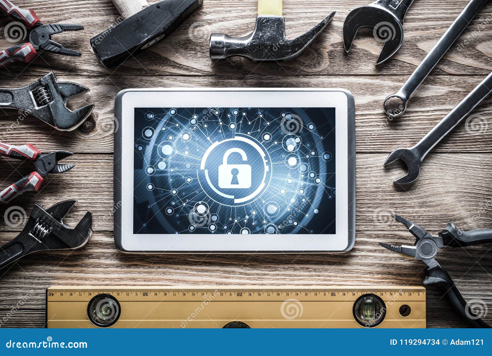 Web Security and Technology Concept with Tablet Pc on Wooden Tab Stock ...