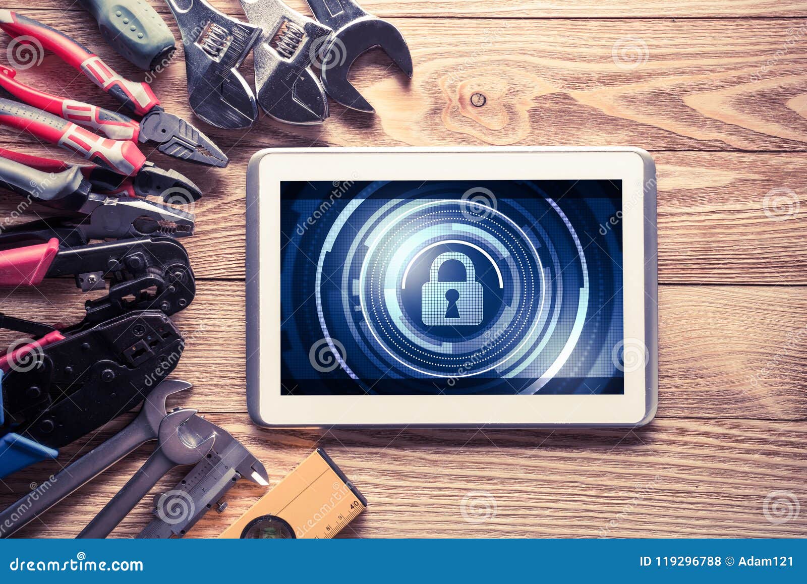 Web Security and Technology Concept with Tablet Pc on Wooden Tab Stock ...