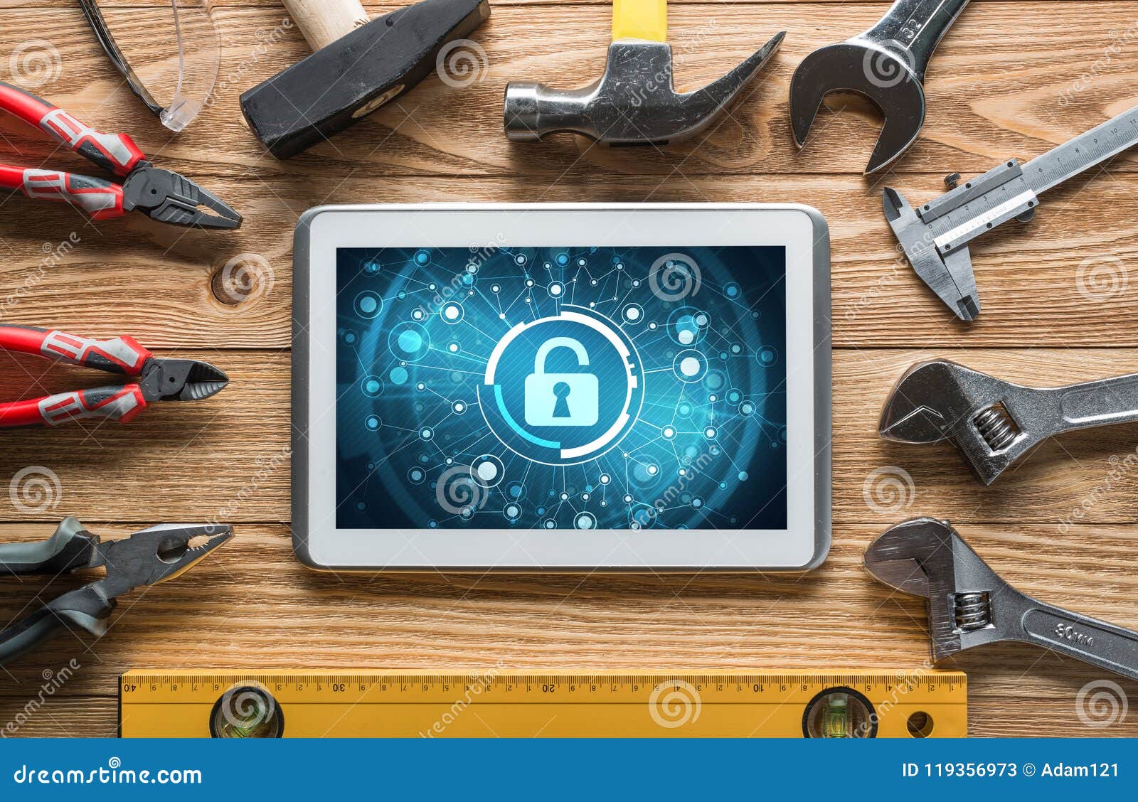 Web Security and Technology Concept with Tablet Pc on Wooden Table ...