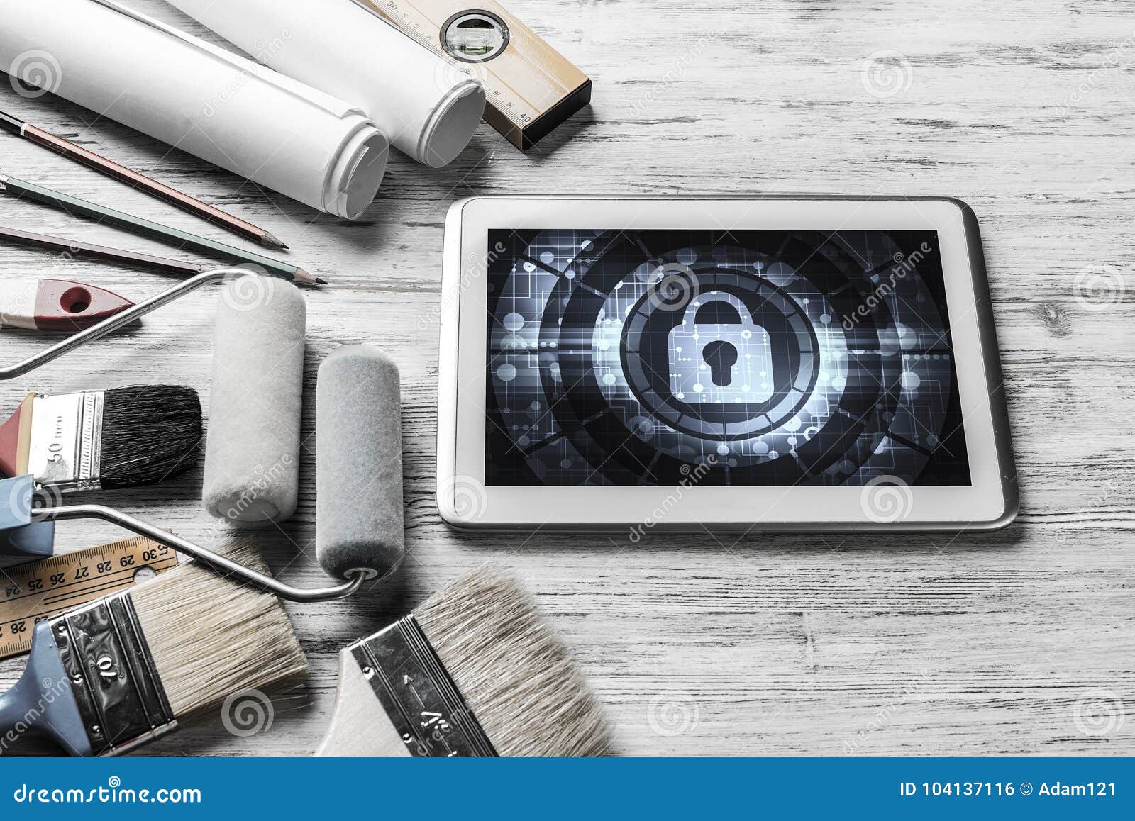 Web Security and Technology Concept with Tablet Pc on Wooden Tab Stock ...