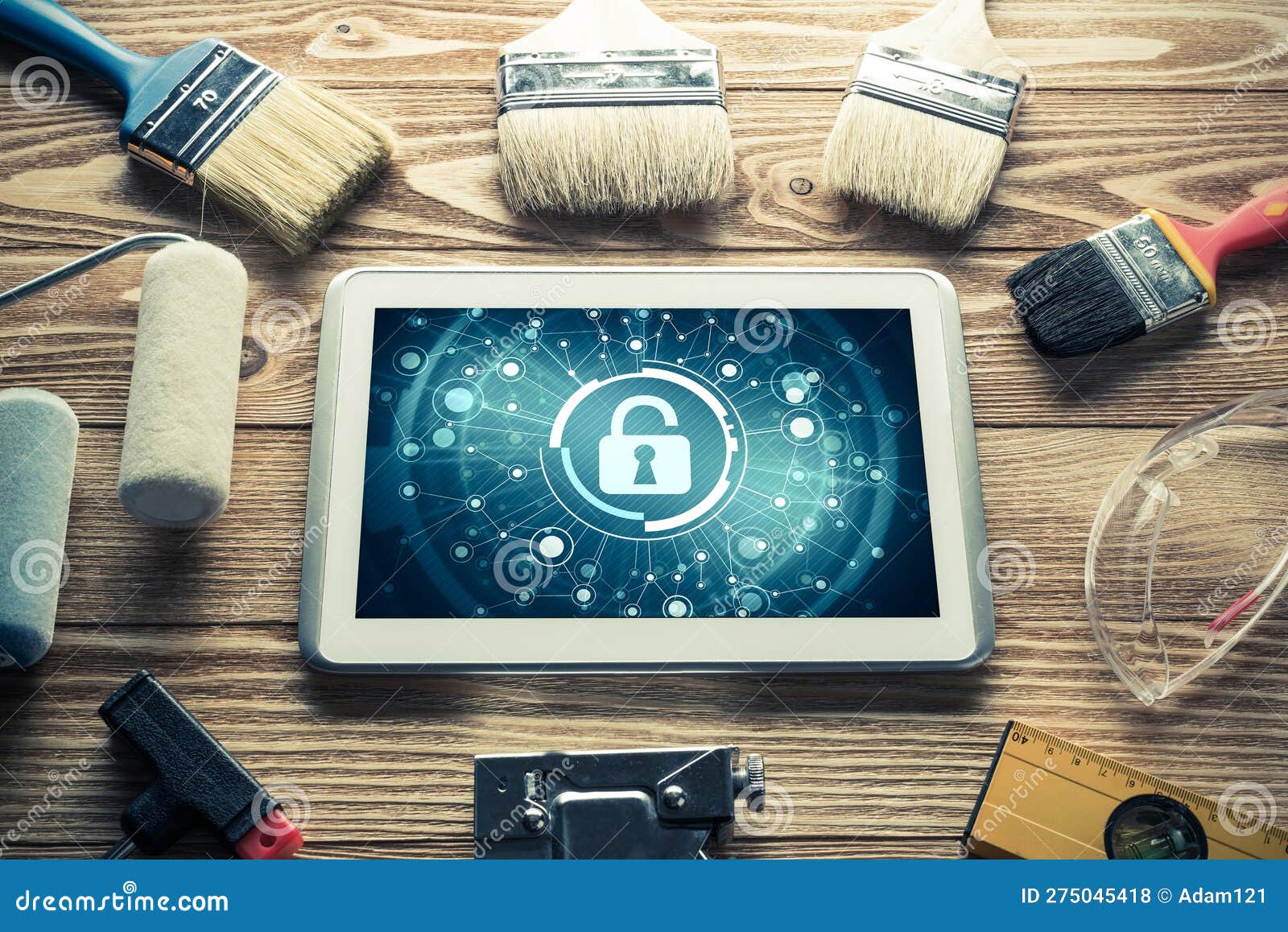 Web Security and Technology Concept with Tablet Pc on Wooden Table ...