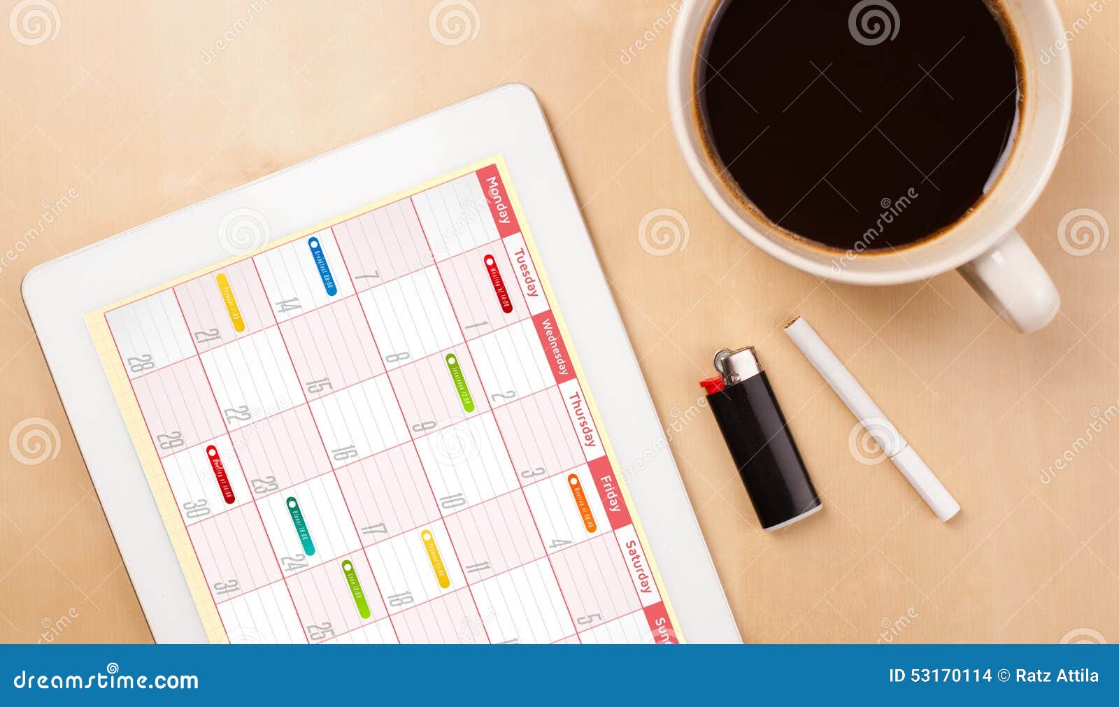 Tablet Pc Showing Calendar on Screen with a Cup of Coffee on a D Stock ...