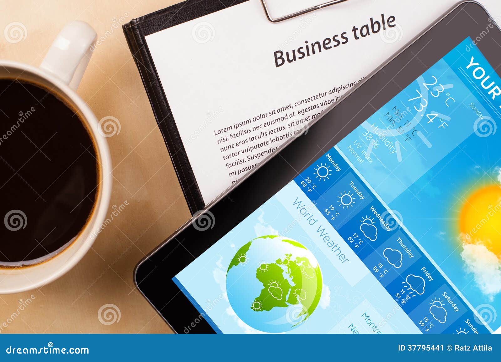 Tablet Pc Showing Weather Forecast on Screen with a Cup of Coffee on a ...