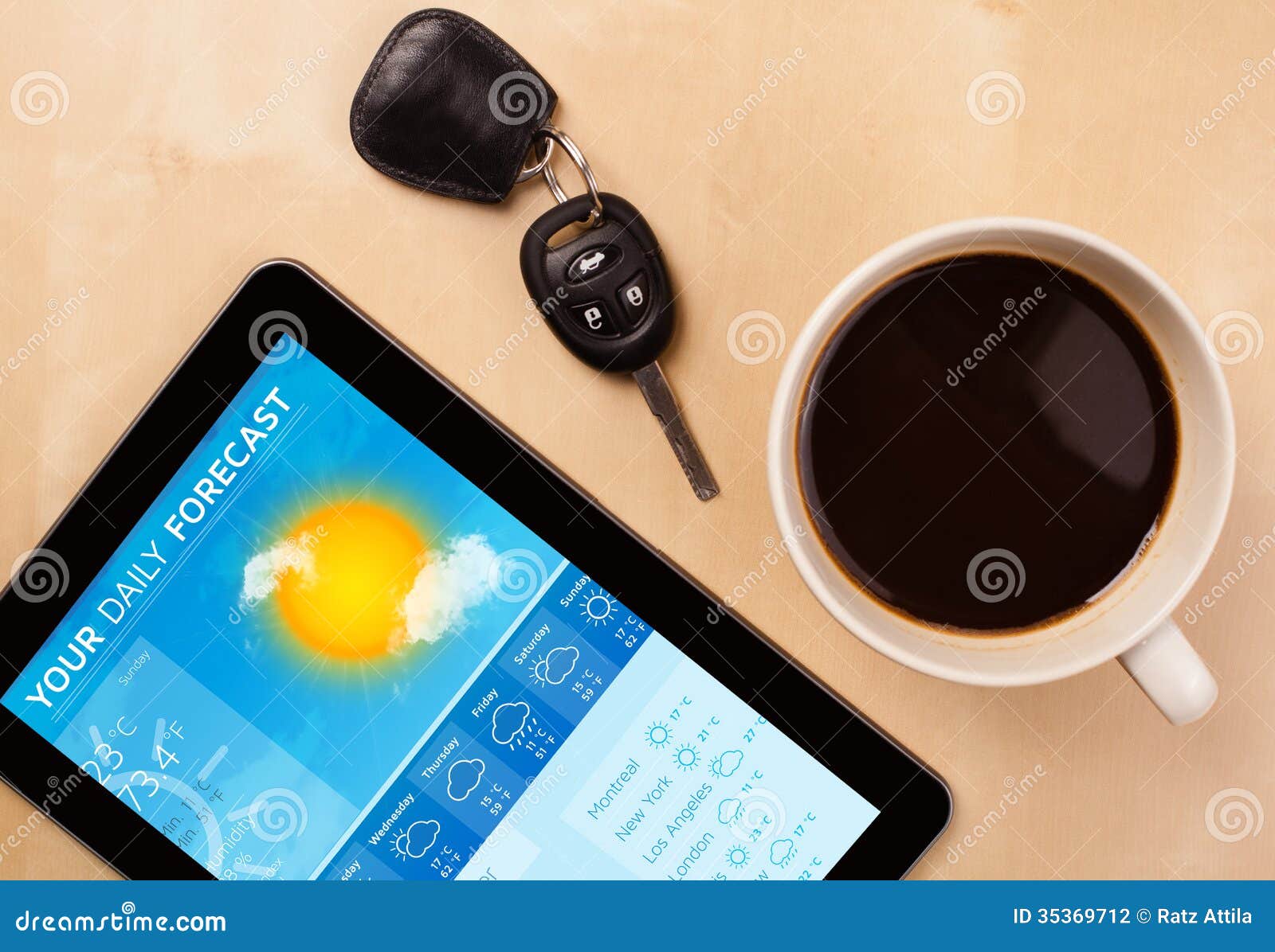 Tablet Pc Showing Weather Forecast on Screen with a Cup of Coffee on a ...